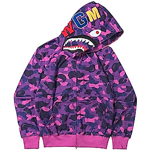 EUDOLAH Camo Hoodie Shark Print Trendy Cotton Casual Loose Zip Up Hoodie Mens Long Sleeve Jacket(2XL,1-Purple Camo)