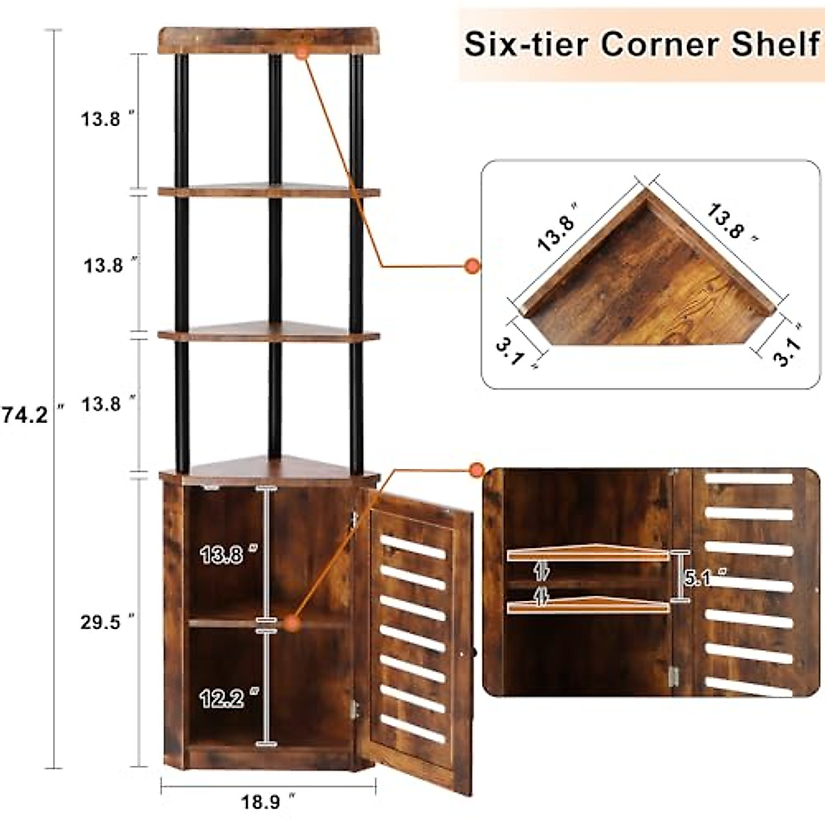 Timberer 6-Tier Corner Shelf with Storage, Corner Bookshelf, 74.2" Tall Corner Stand Display Storage Rack for Living Room, Home Office, Kitchen, Bar, Small Space, Rustic Brown and Black