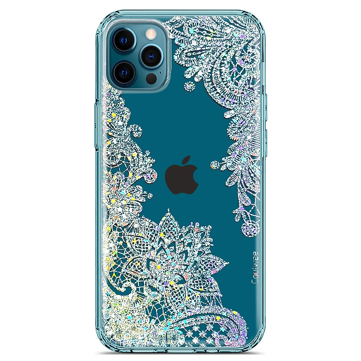 Coolwee Clear Glitter Compatible with iPhone 12 Pro Max Case Thin Flower Cute Crystal Lace Bling Women Girls Floral Plastic Hard Back Soft TPU Bumper Protective Cover Slim Fit Mandala Henna