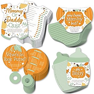 Big Dot of Happiness Little Pumpkin Decorations, 4 Fall Baby Shower Games, 10 Cards Each - Who Knows Mommy Best, Mommy or Daddy Quiz, What’s in Your Purse and Oh Baby - Gamerific Bundle