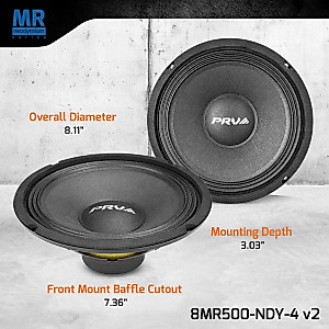 PRV AUDIO 8MR500-NDY-4 V2 Neodymium 8" Mid Range 4 ohm Pro Audio Speaker 500 Watts Program Power (Single)