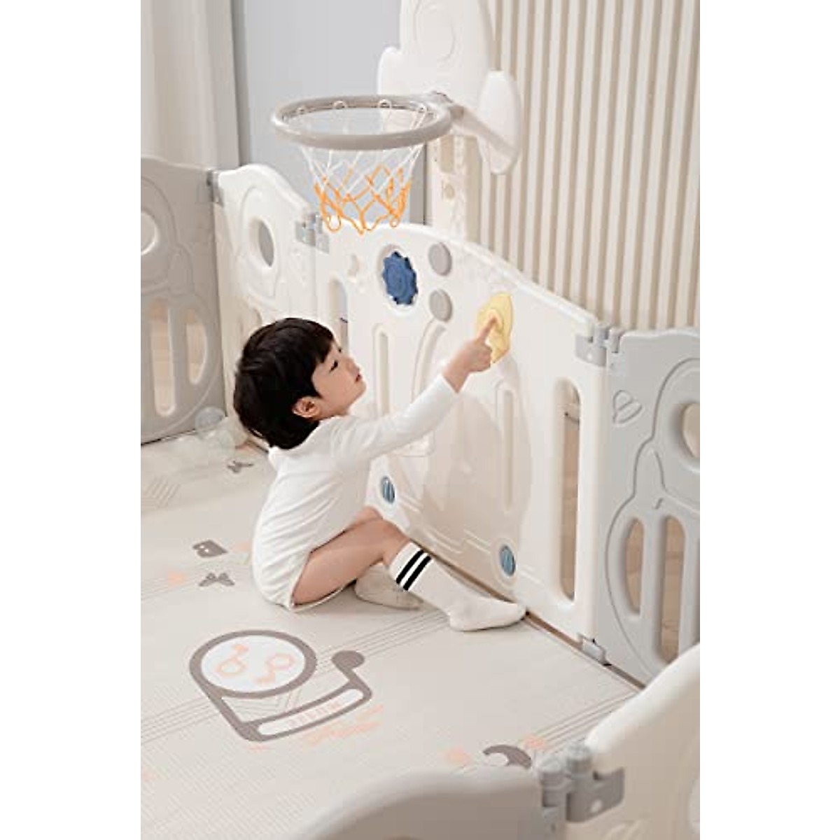 Space playpen:18 Panel Infants Toddler Safety Kids Playpen Activity Center Play Yard W/Lock Door and Basketball Hoop and Large Mat (Gray +White)