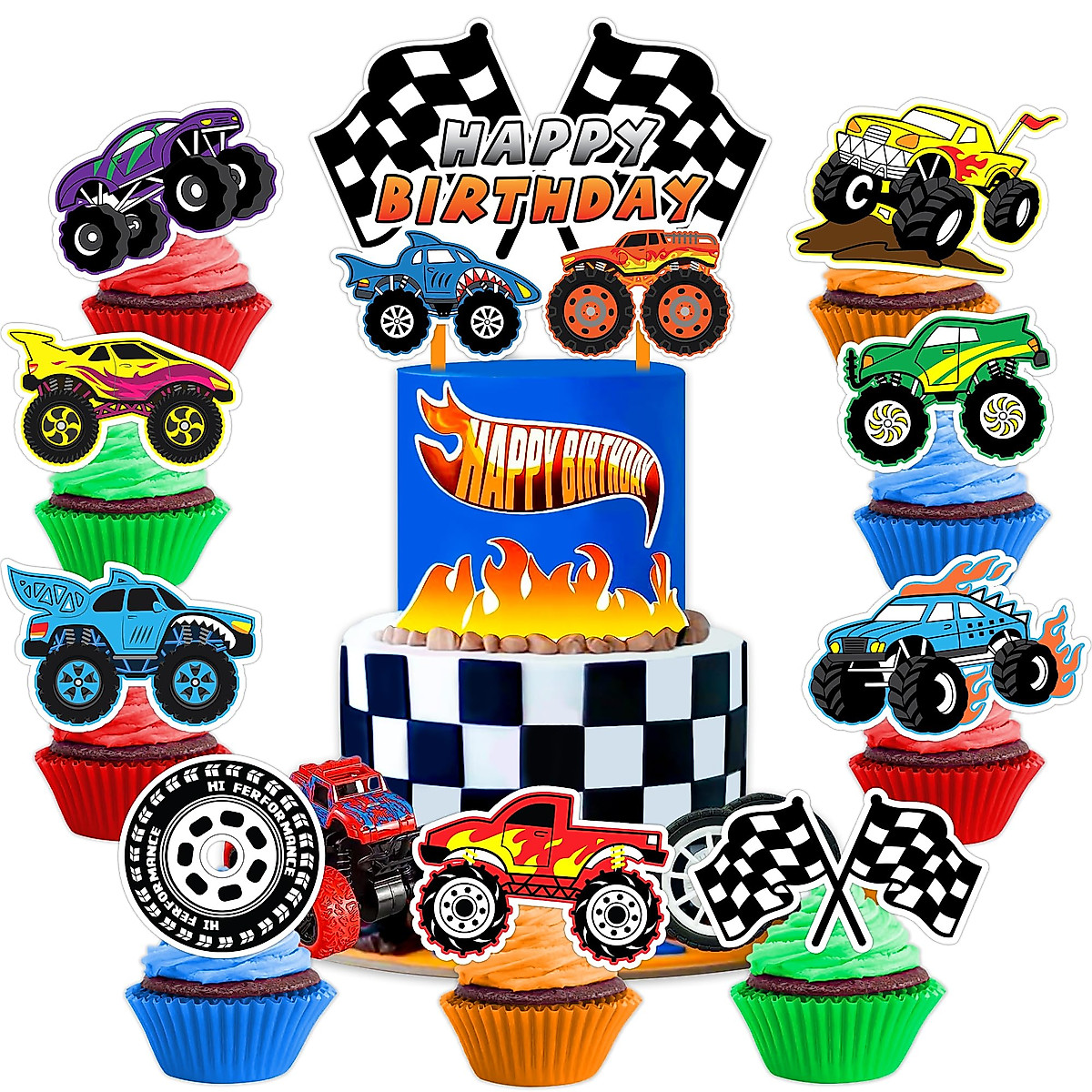 25 PCS Monster Truck Trucks Theme Birthday Party Cake Topper Cupcake Toppers Supplies Decorations Favors Decor Cute Gifts for Games Boys Girls Kids Teen Baby Shower Rewards Prizes Carnival Themed
