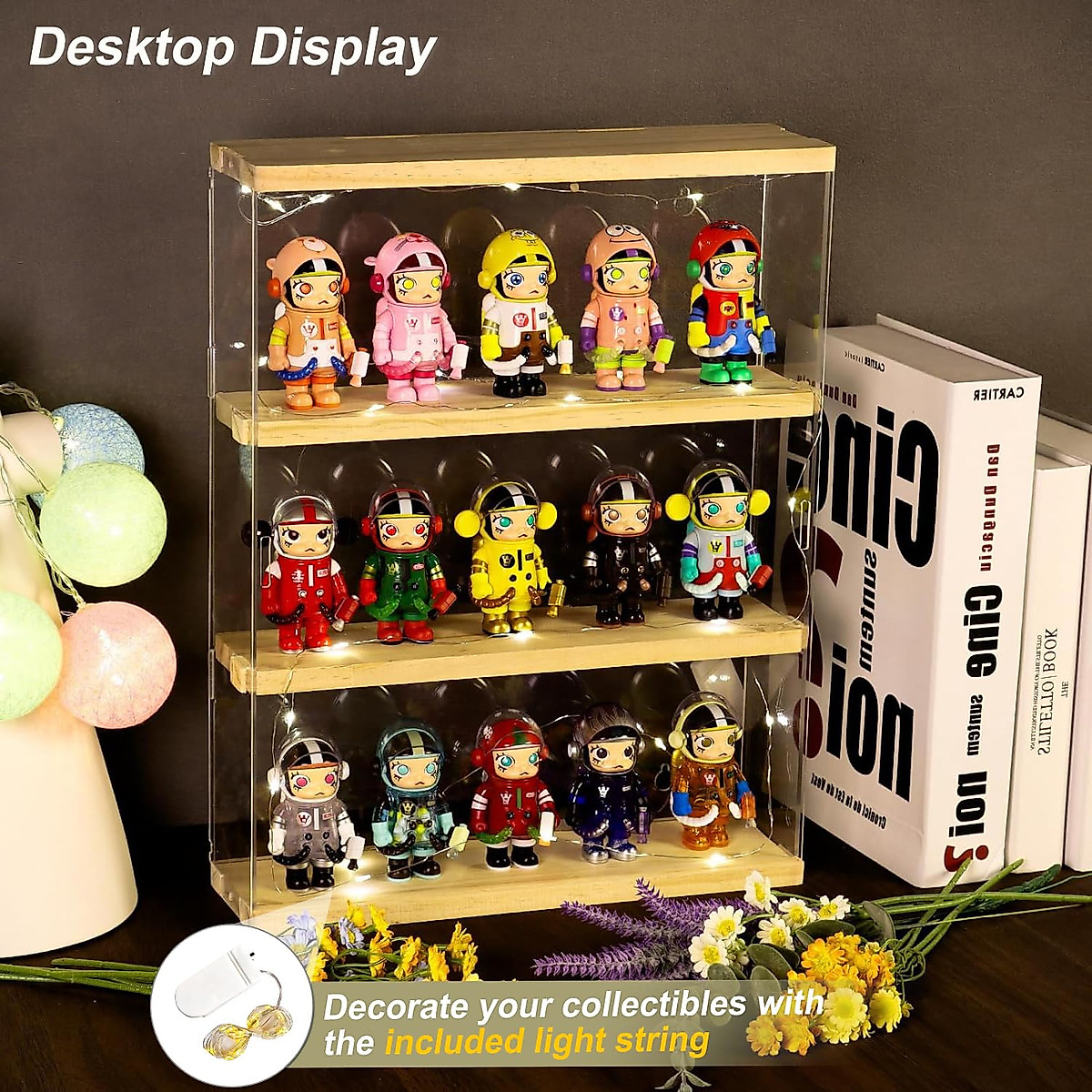 Nynelly 3-Layer Acrylic Display Case, Wall Mounted Display Box Countertop Cabinet for Collectible, Clear Display Case with Door for Mini Funko Pop, Action Figure, 11.5" L x 3.3" W x 15" H,Walnut