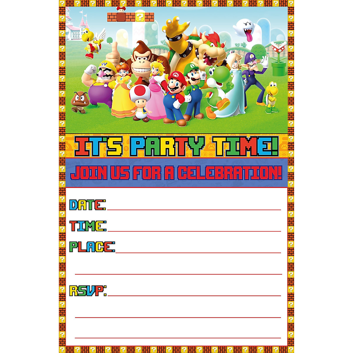 Set of 20 Classic Video GameThemed Happy Birthday Invitation Cards & Envelopes - Lightweight (240g), Postcard Style Invites for the Perfect Party Pack