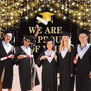 Avezano Graduation Party Backdrop Blak and Gold Graduation Party Decorations Proud of You Congrats Grad 2023 Photoshoot Background Banner Supplies (7x5ft)
