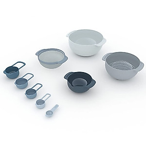 Joseph Joseph 9 Nesting Set with Mixing Bowls Measuring Cups Sieve Colander, 9-Piece, Sky,Blue