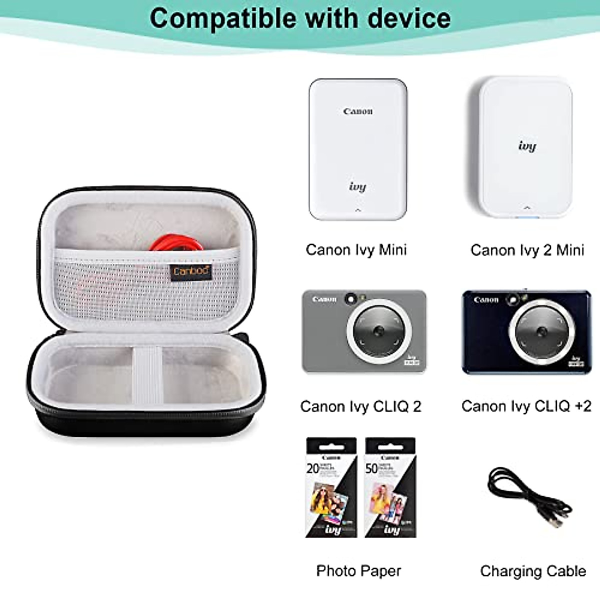 Canboc Hard Case for New Canon Ivy 2 Mini/Canon Ivy Mini/Canon Ivy CLIQ+ CLIQ 2 CLIQ+2 Photo Printer Mobile Wireless Bluetooth Instant Camera Printer, Mesh Bag fit Photo Paper Cable, Black