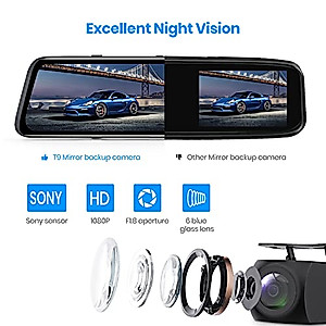 AUTO-VOX T9 OEM Look Rear View Mirror Backup Camera with Neat Wiring, 9.35''Full Touch Screen Stream Media Monitor with Back Up Camera System, 1080P Super Night Vision Reverse Camera for Car/Trucks