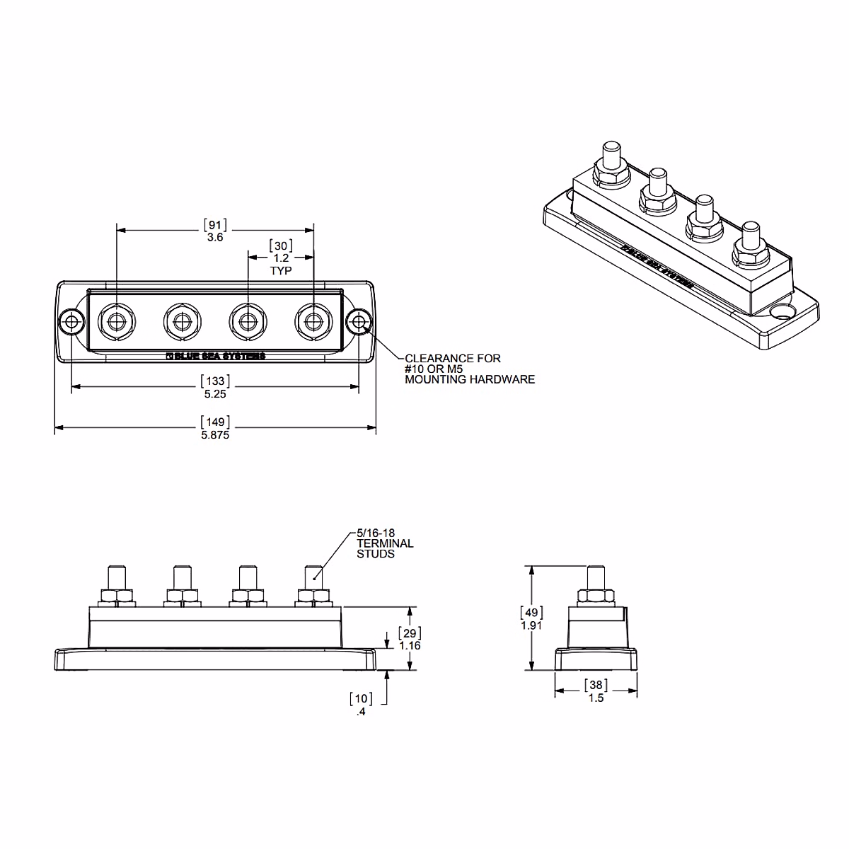 Blue Sea Systems 2127 250 Amp MaxiBus BusBar with 4 studs