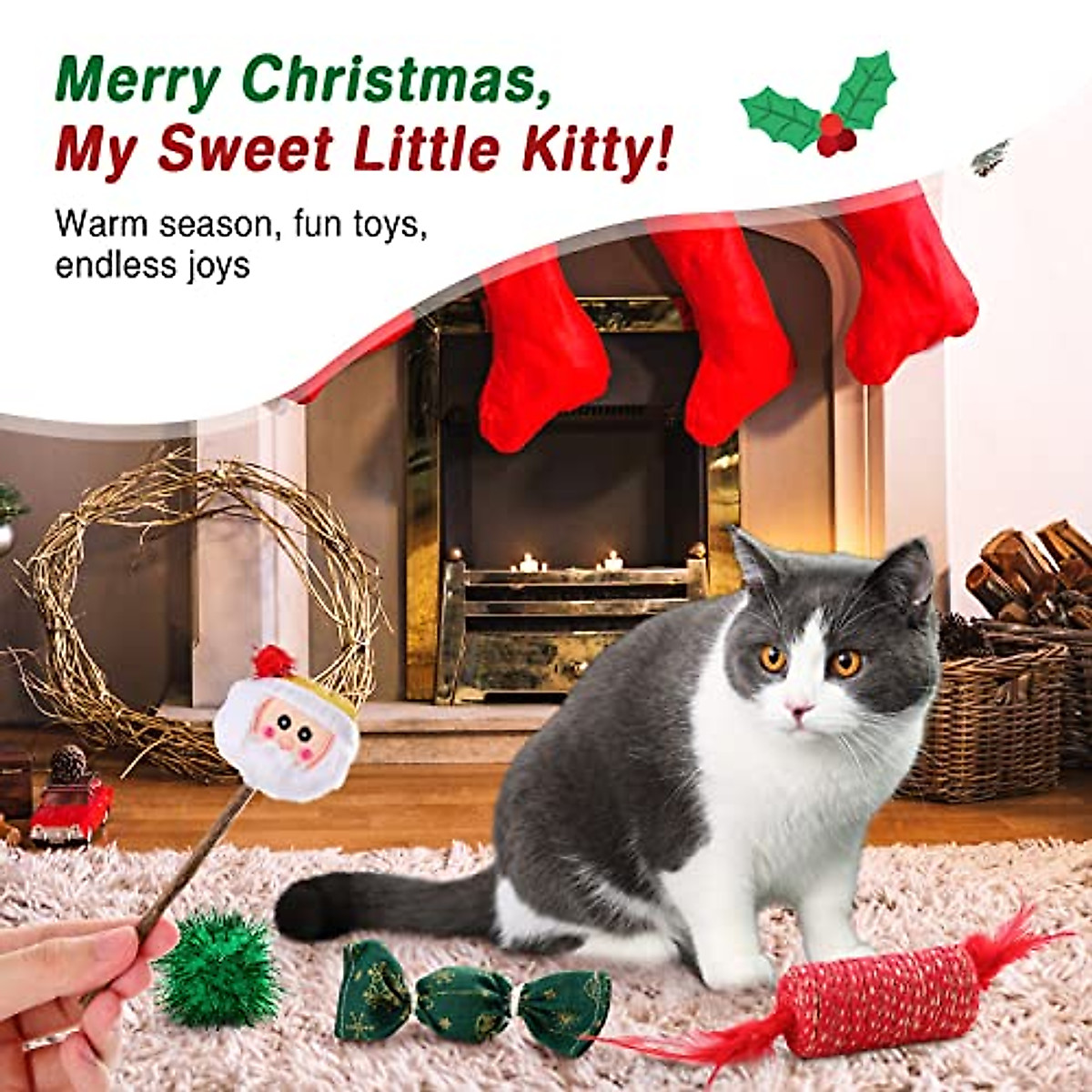 VavoPaw Christmas Stocking Cat Toys, 8PCS X-mas Santa Interactive Cat Toys with Santa Claus, Gingerbread Man, Cat Teaser Wand, Plush Rat Ball for Cat Kitten Kitty