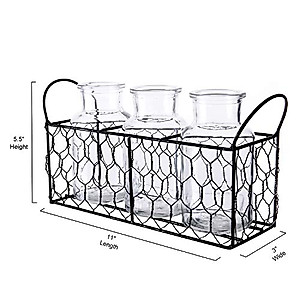 Diamond Star 3Pcs Clear Glass Milk Bottle Vases in Basket Caddy Vintage Style Jars Sets (3Pcs , 11"L X 3"W X 5.5"H)