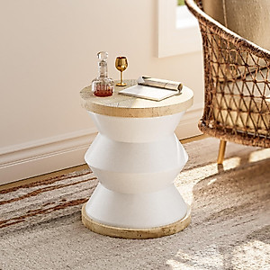 SUNBURY White Outdoor Side Table, 14" Concrete Side Table Accent Table, Round Marble Side Table Drum Table, Garden Stool Plant Stand End Table for Patio, Deck, Poolside