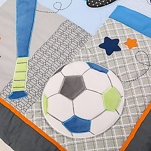 2 PCs Blue Sports Themed Nursery Crib Bedding Set Quilt, Fitted Sheet Soccer Basketball Baseball Embroidery Baby Boy Cot Bedding Set