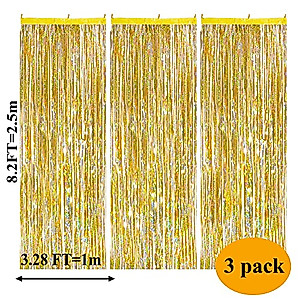 PartyBySam Gold Party Backdrop, Golden Foil Fringe Curtains for Birthday Halloween Party Decorations, Wall Door Hanging Streamers for Graduation, New Year Party Background (3 Pack 3.2Ft x 8.2Ft)
