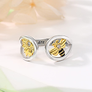 WOUOVO Sunflower Bee Rings for Women - 925 Sterling Silver Adjustable Ring You are My Sunshine Ring Chrismas Mother's Day Birthday Jewery Gift for Teen Girls MOM
