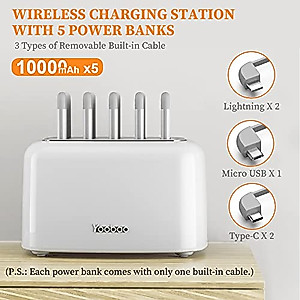 Yoobao Wireless Charging Station, 5 pcs of Ultra Slim Portable Charger 10000mAh, Built-in Cable Power Bank for iPhone/Samsung, Shared Battery Pack for Business/Home/Office/Restaurant/Hotel/Party/Pub