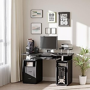 Black Computer Desk with Storage Shelves Monitor Stand Keyboard Tray, Home Office Desk, Simple Modern Style Laptop Desk for Small Space, Office Desk with Adjustable Monitor Stand Study Writing Table