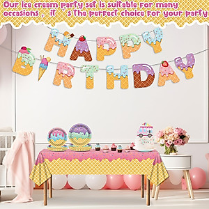 Lonfliness 132Pcs Ice Cream Party Decorations Set Ice Cream Party Supplies Tableware Kit Ice Cream Paper Plates, Napkins, Tablecloth,Banner for Kids Girls for Party , Birthday, Baby Shower Serve 25