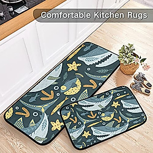 Funny Shark Fish Kitchen Rugs and Mats Set 2 Piece Non Slip Washable Runner Rug Set of 2 for Kitchen Sink Floor Home Decor Laundry