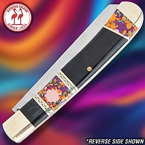 KISSING CRANE Groovy Trapper Pocket Knife | Laser Etched Stainless Steel Blades | 3D Printed Bone and Acrylic Handle Scales | Nickel Silver Boosters | 1960's Tribute | Closed Length 4"