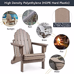 Classic Folding Adirondack Chair, Weather Resistant Patio Seating, Heavy Duty Poly Plastic Outdoor Chairs, Deck Fire Pit Garden Lawn Backyard Porch Chairs - Easy Assemble - Brown