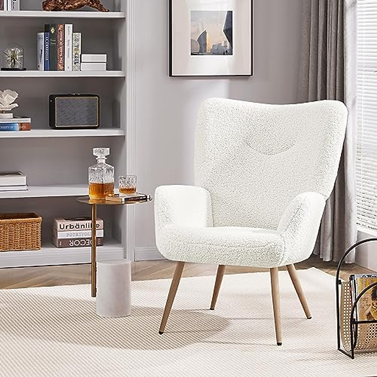 Yaheetech Barrel Chair, Teddy Fabric Casual Chair with High Back and Soft Padded, Modern Fuzzy Vanity Chair, Cozy Armchair for Living Room Bedroom Makeup Room, White