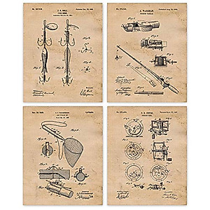 Vintage Fishing Patent Prints, 4 (8x10) Unframed Photos, Wall Art Decor Gifts Under 20 for Beach Lake Home Office Garage Lake Bass Tackle Rods Reels Shop Man Cave College Student Teacher Coach Fan
