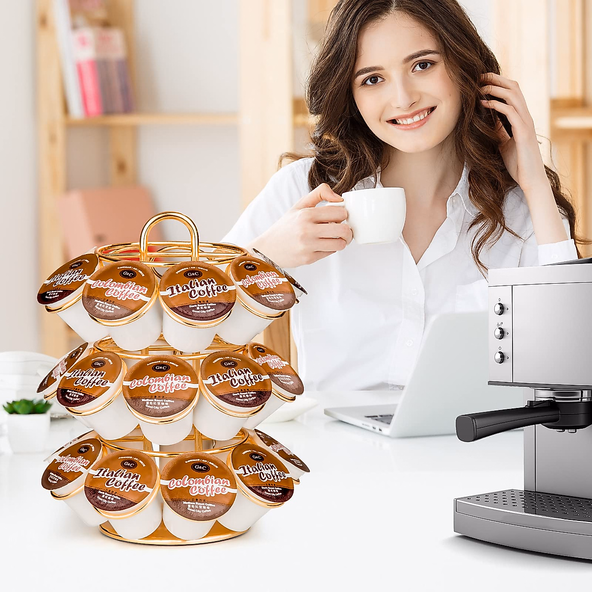 KREWEY Coffee Pod Holder, K Cup Holders，Coffee Pod Storage Compatible with K Cups (27 Pods), Spins 360-Degrees Coffee Pod Carousel Holder Organizer, Modern Gold Design (Round,Shining Gold)