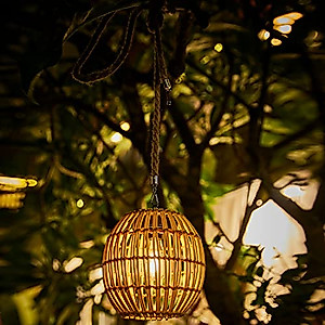 Livinlarge Hanging Solar Lantern Outdoor Waterproof, Large Solar Rattan Lantern Outdoor with Twine Handle, Bright Solar Outdoor Lights with Edison Bulb for Garden Patio Yard Decoration