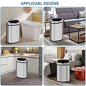 Trash Can, 13 Gallon Touch-Free Motion Sensor Stainless-Steel Garbage Can Metal Trash Bin with Lid for Kitchen Living Room Office, Electronic Touchless Automatic Closure & Opening, Silver