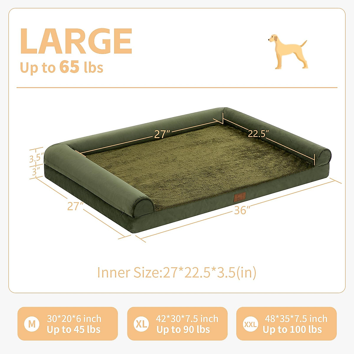 Orthopedic Dog Bed for Large Dogs, Waterproof Dog Sofa Bolster Bed Plush Comfy Pet Couch Bed with Egg Crate Foam and Removable Cover, Washable Dog Bed