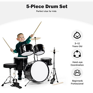 Costzon 16” Kids Drum Set, 5-Piece Full Size Complete Junior Drum Set with Adjustable Throne, Cymbal, Hi-Hat, Pedal & Drumsticks, Beginner Drum Kit with Bass Snare Tom Drum, Age 3-12, Black