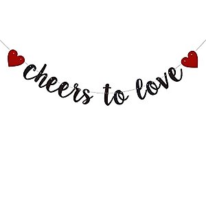 Cheers to Love Banner, Pre-Strung, No Assembly Required, Black Paper Glitter Party Decorations for Bachelorette / Engagement / Wedding / Anniversary Party Supplies, Letters Black,ABCpartyland