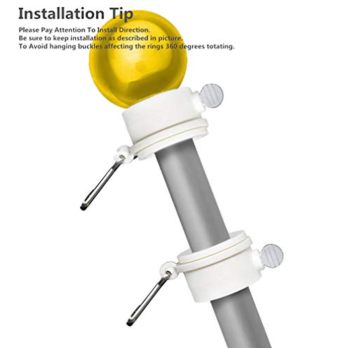 Tangle Free Flag Pole Mounting Ring Clip - Rotating Flapole Mounting Rings with Metal Clips 360 Degree Free Rotating Adjustable Fasteners 1 Pair (White 1 Inch)