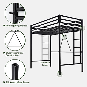 MUTICOR Loft Bed Frame for Juniors&Adults, Metal Loft Bed Twin Size with Safety Guardrail&Removable Ladder, Space-Saving, Noise Free, Matte Black