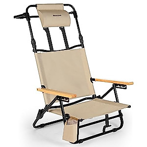 REALEAD Reclining Beach Chairs for Adults - Extendable High Back Low Profile Beach Chair with Headrest, Cooler Pouch, Cup Holder, 4-Position Lay Flat Folding Beach Chairs Heavy Duty Support 330LBS