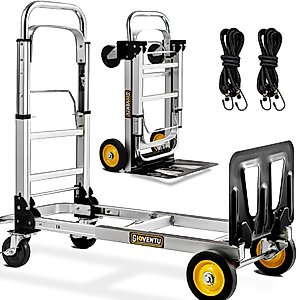 Upgraded 3 in 1 Convertible Hand Truck Dolly, 440 lb Capacity Folding Hand Truck Dolly Cart, Aluminum Dolly Hand Truck with Rubber Brake-Wheels, Anti-Slip Strip & 2 Elastic Ropes for Home Office