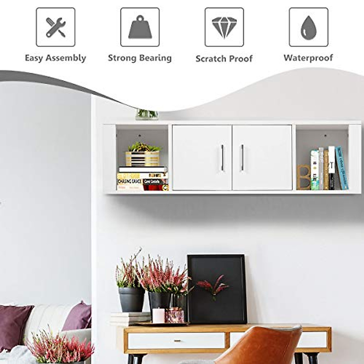 Giantex Wall Mounted Storage Cabinet 2 Cube Floating Media Hanging Desk W/2 Doors and 2 Open Shelves, Home Office Furniture for Kitchen, Bathroom, Living Room Floating Console Hutch (White)