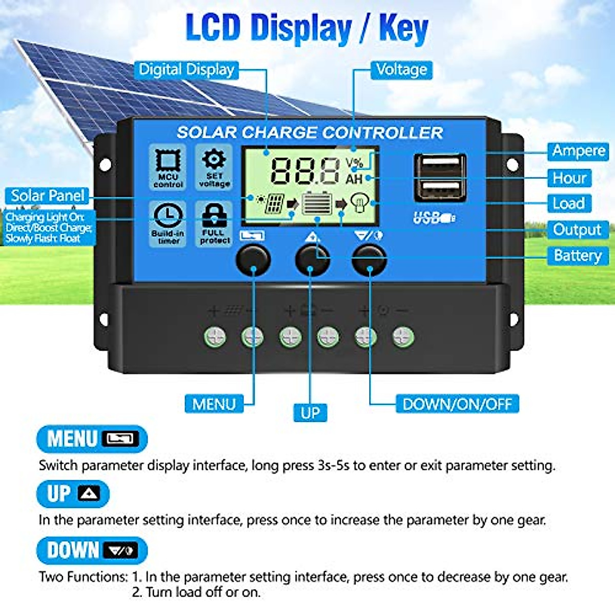 [2022 Upgraded] 2Pcs 30A Solar Charge Controller, 12V/ 24V Solar Panel Regulator with Adjustable LCD Display Dual USB Port Timer Setting PWM Auto Parameter