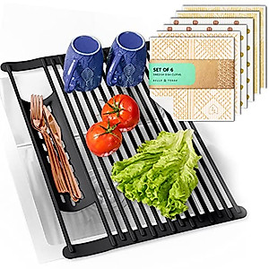 BELLE TERRE Roll-Up Dish Drying Rack & Swedish Dish Cloth Set - Space-Saving Sink Rack (17.5" x 12.8") with Utensil Tray & Reusable Absorbent Cloths - Solid Steel Construction & Cellulose Material