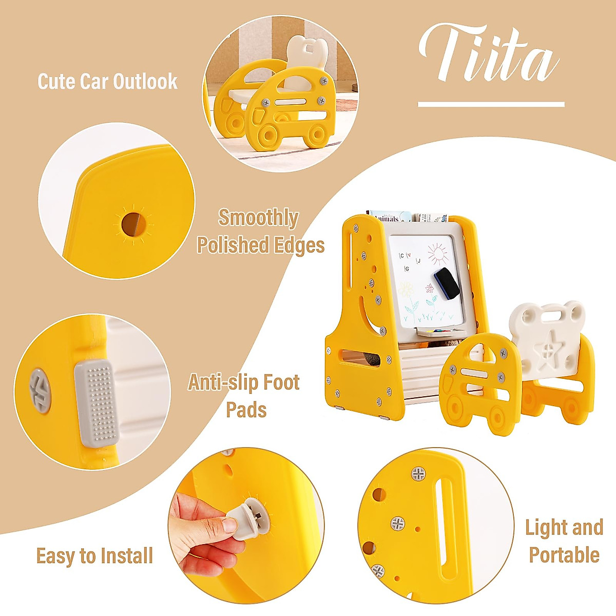 Tiita Kids Art Easel with Stool, 3 in 1 Double-Sided Magnetic Dry Erase Board and Kids Book Rack with Foldable Desktop, Standing Easel with Bottom Storage Shelf, Yellow