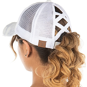 Funky Junque Criss Cross Hat Womens Baseball Cap Distressed Ponytail Messy Bun Trucker Ponycap (Camo White)