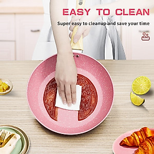 Frying Pan Nonstick, 11 Inch Pink Egg Pan, Non Stick Fry Pan 100% PTFE PFOA-Free Omelet Pan, Toxin-Free Skillets Stone Cookware, Anti-Warp Base with All Stove Tops Available, Induction Compatible