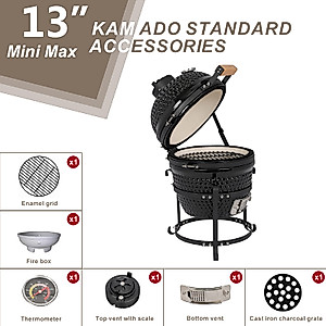 Vasitelan 13 inch Portable Ceramics Charcoal Grill,Kamado BBQ Charcoal Grill (Style 2-Black)