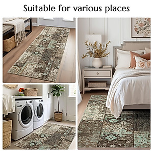 jinchan Boho Area Rug 2x3 Vintage Entryway Rug Patchwork Washable Rug Tribal Doormat Kitchen Rug Floral Print Rug Decor Indoor Non Slip Soft Carpet for Bedroom Bathroom Home Office Brown/Teal
