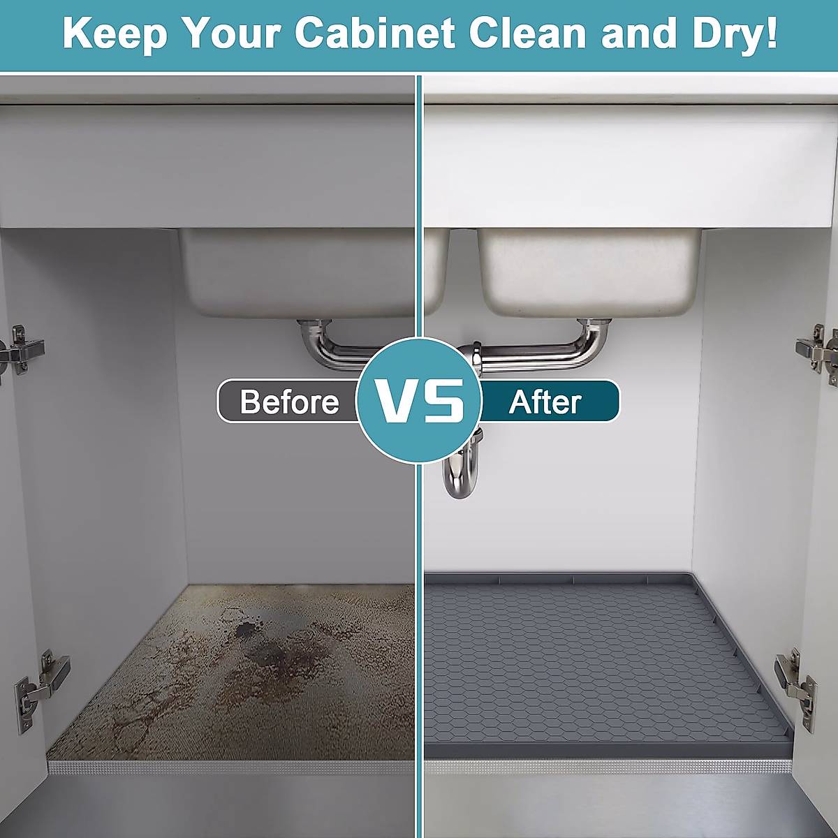 Under Sink Mats for Kitchen Waterproof, Silicone Under Kitchen Sink Mats and Protectors for 34" x 22" Cabinets, Under Sink Tray Organizer, Shelf Liners Cabinet Liner for Kitchen and Bathroom, Gray