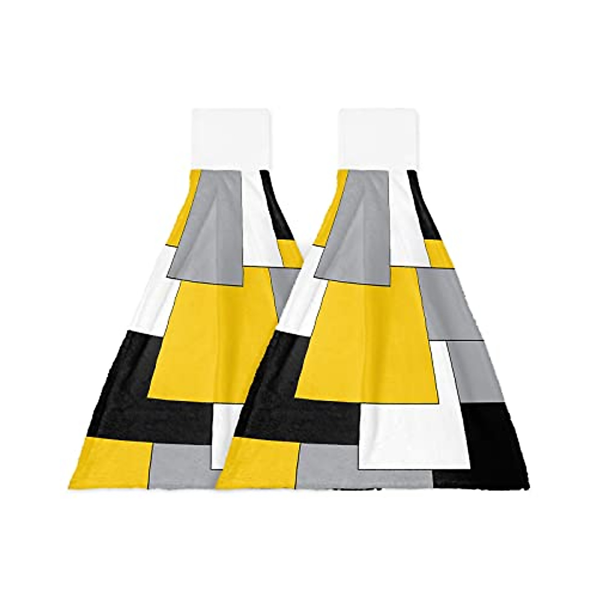 PIEPLE 2 PCS Kitchen Hand Towels, Irregular Geo Color Block Soft Plush Hanging Tie Towels with Loop for Kitchen Bathroom Dish Cloth Tea Bar Towel Yellow Black White Grey Abstract Modern
