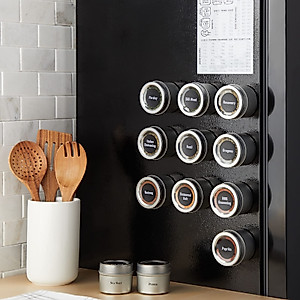Talented Kitchen 12 Magnetic Spice Jars for Refrigerator with 3 Metal Wall Bases, 269 Preprinted Seasoning Labels, 2 Styles, 1 Cooking Conversion Chart, for 3 oz Containers