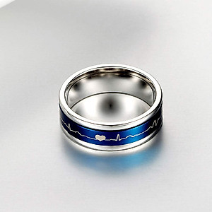 HIJONES Unisex 7MM Love ECG Heartbeat Spinner Ring Stainless Steel Wedding Promise Band Blue Size 8